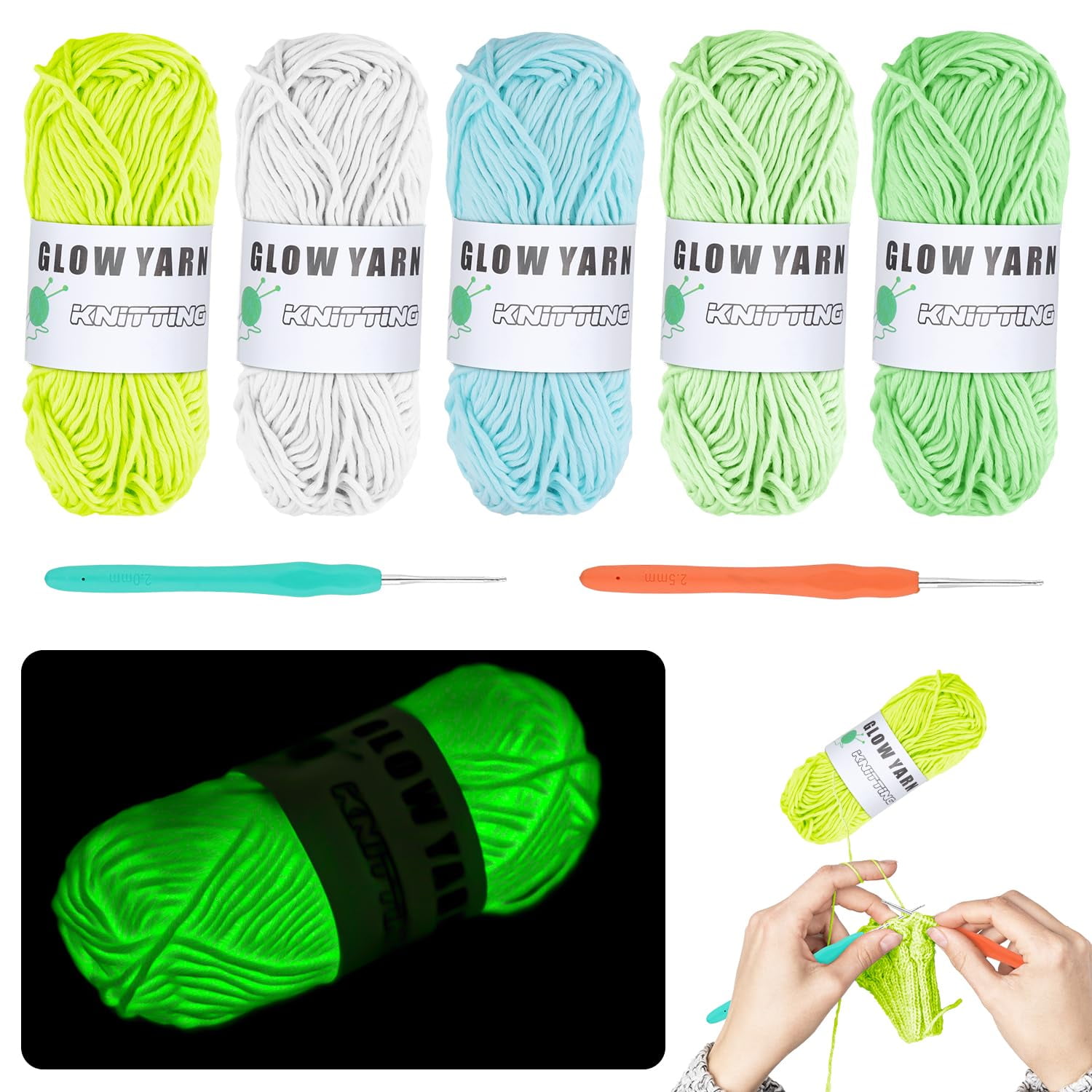 5 Rolls Glow in The Dark Yarn, Luminous Crochet Yarn with 2 Crochet ...