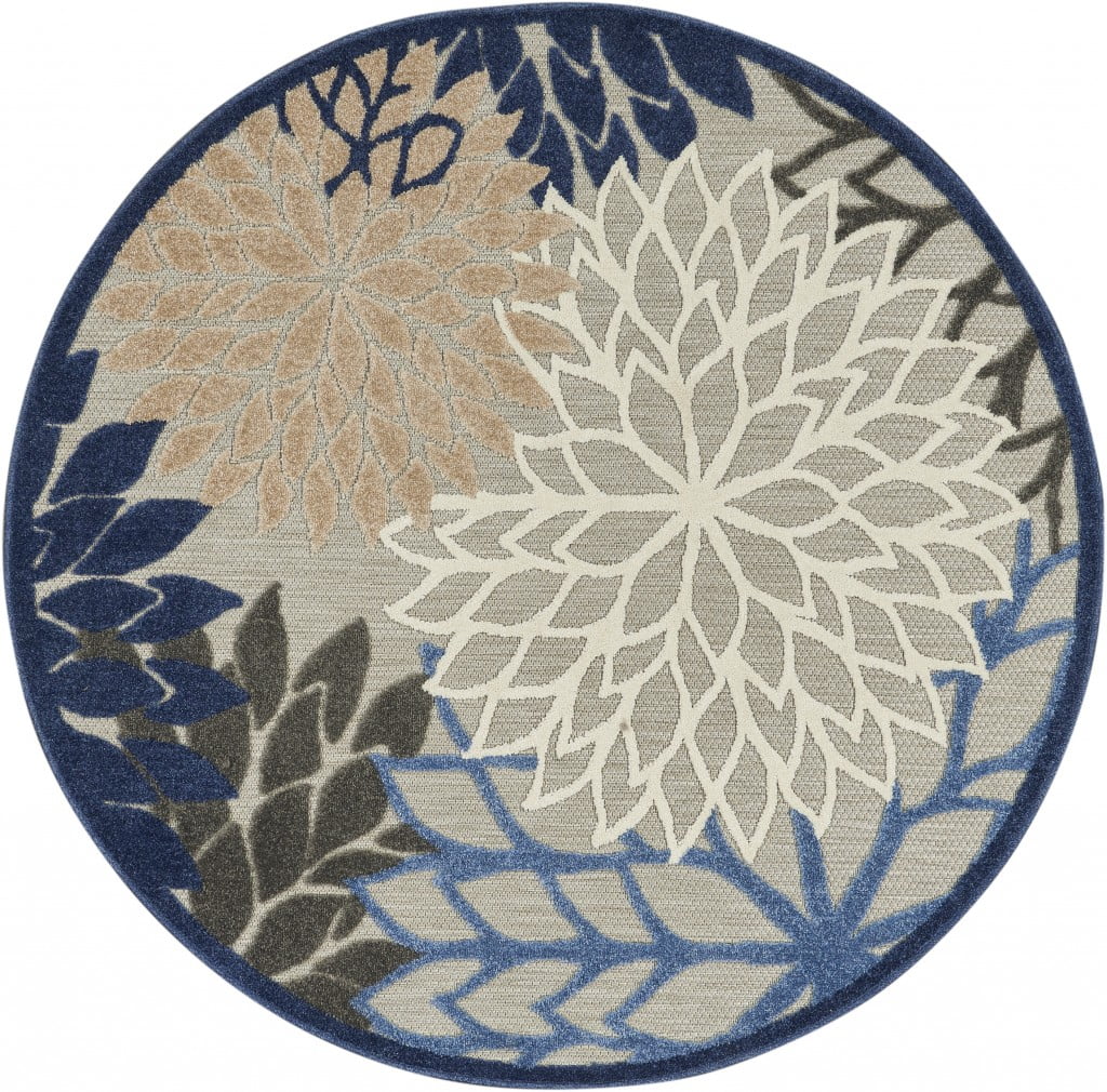 5' Round Blue And Gray Round Floral Indoor Outdoor Area Rug - Walmart.com