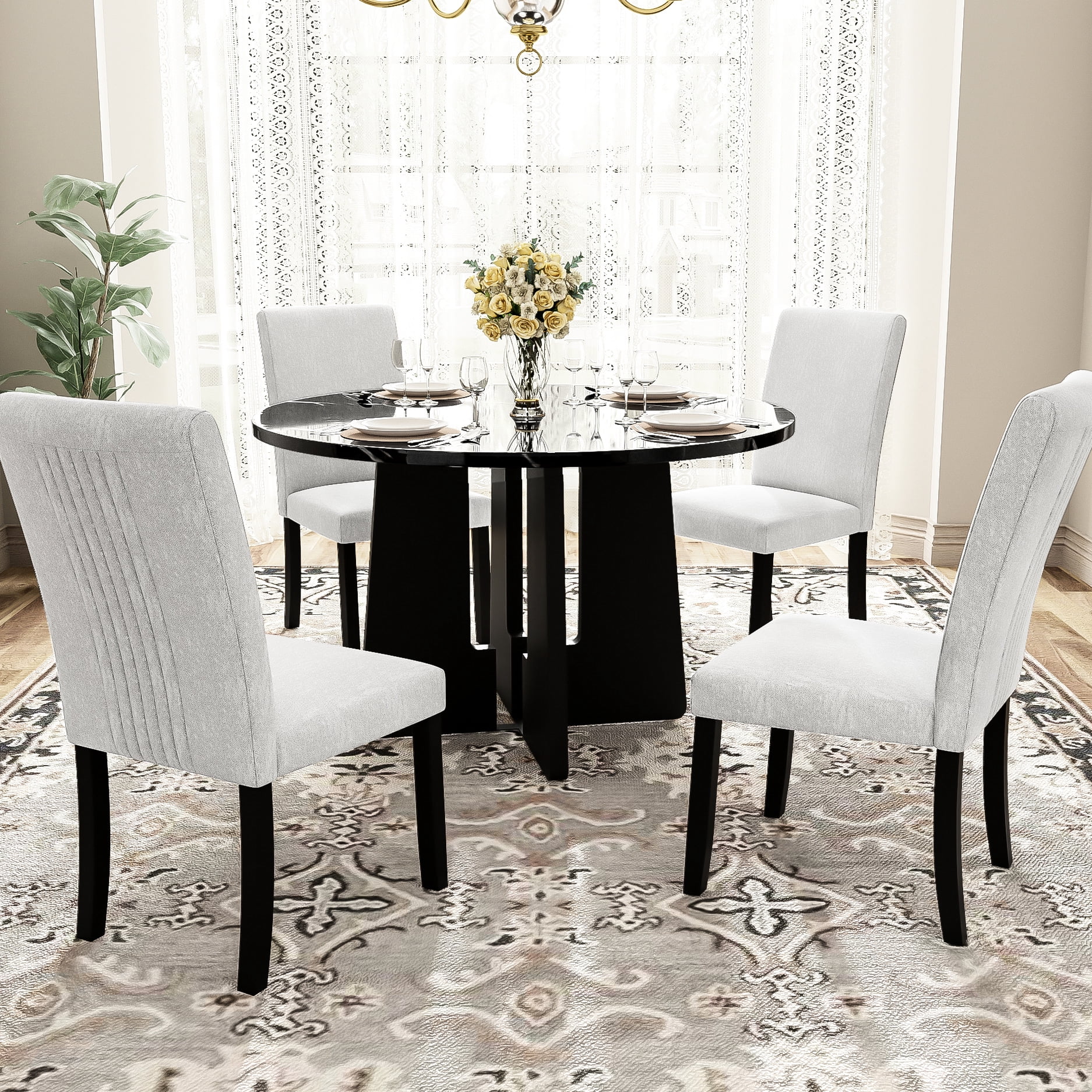 5 Round Dining . Table With Marble Veneer. Ergonomic Upholstered Chairs ...