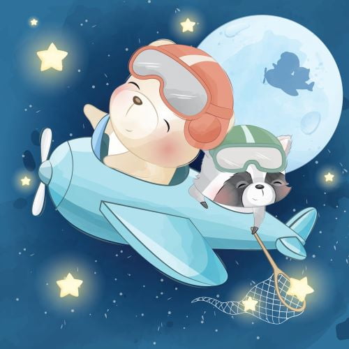 5" Round Pre-Cut Teddy Bear & Raccoon Flying Next To Moon Birthday Baby ...