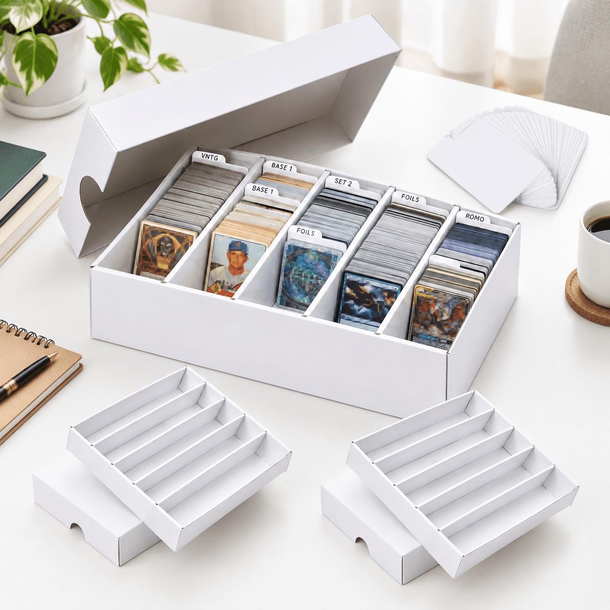 5 Row Trading Card Storage Box, 4 Pack White Cardboard Organizer with ...