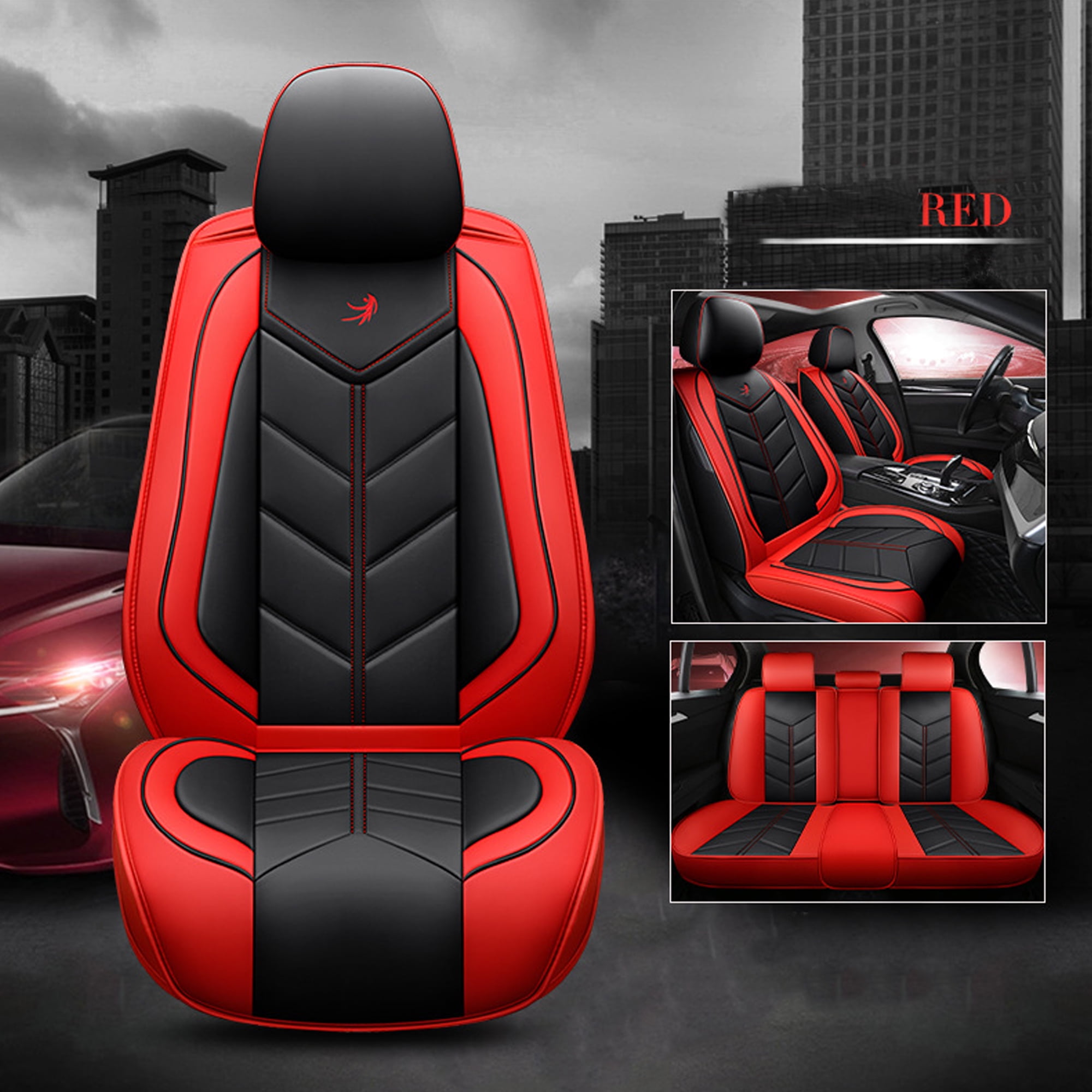 5-Seat Covers Protector Universal Car Front Rear Red & Black PU Leather ...