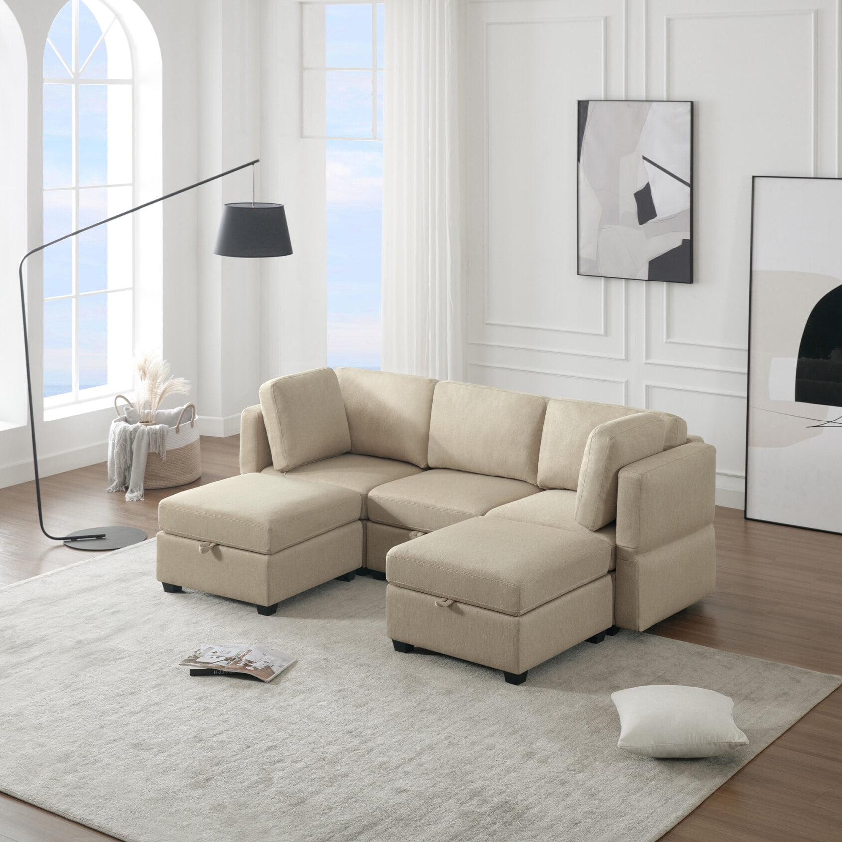 5 Seat Modular Sectional Sofa with Adjustable Arms and Backs, Wood ...