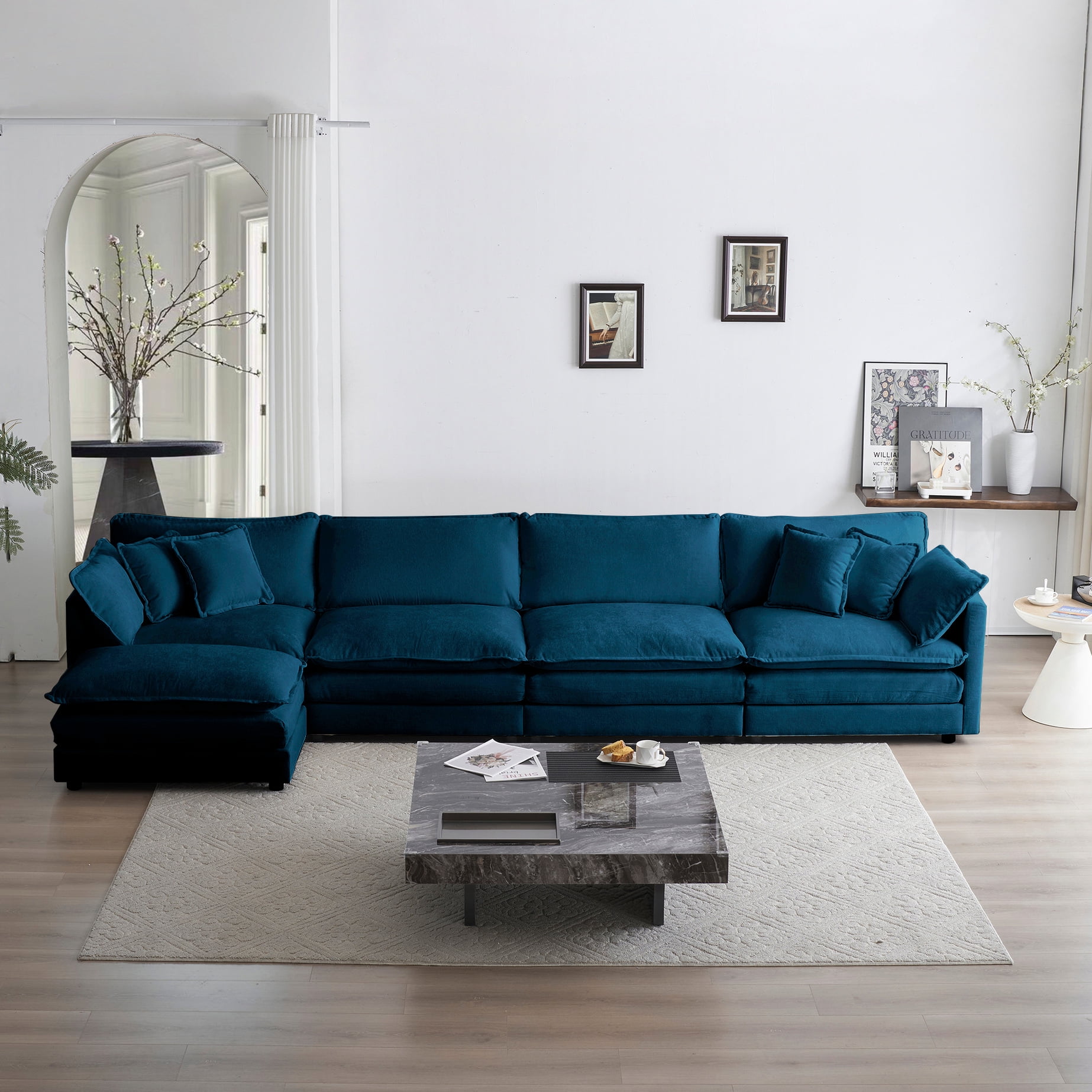 5 Seater Convertible Sectional For Living Room: U Shaped With Blue Chenille Room Couch: Shaped ...