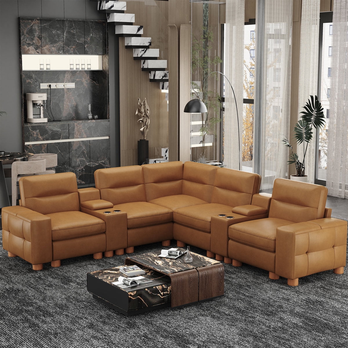 5 Seater Modern Oversize 119" L-shaped Symmetry Genuine Leather Sofa ...
