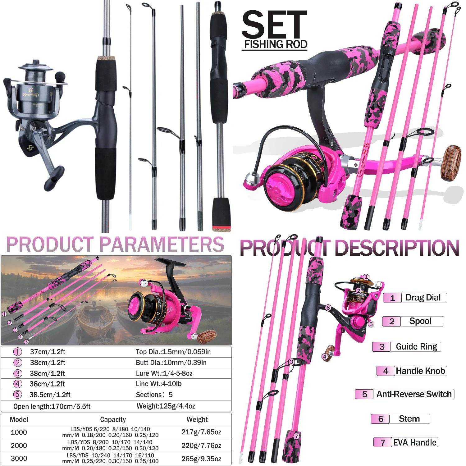 5 Section Red/Yellow Fishing Set 170cm Fishing Rod and YW/OE1000-3000 ...