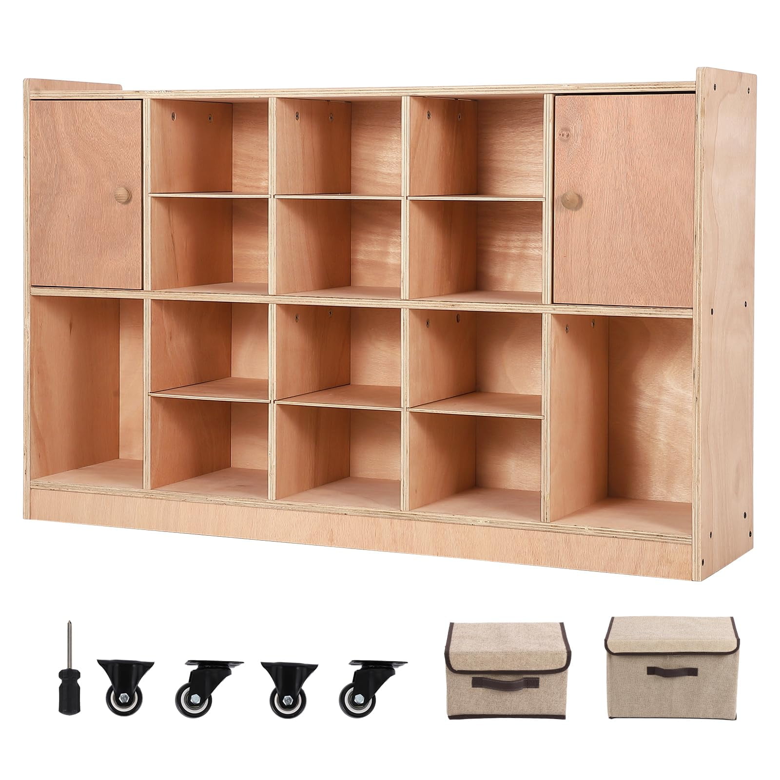 5-Section School Storage Locker, Wooden Storage Cabinet with Casters ...