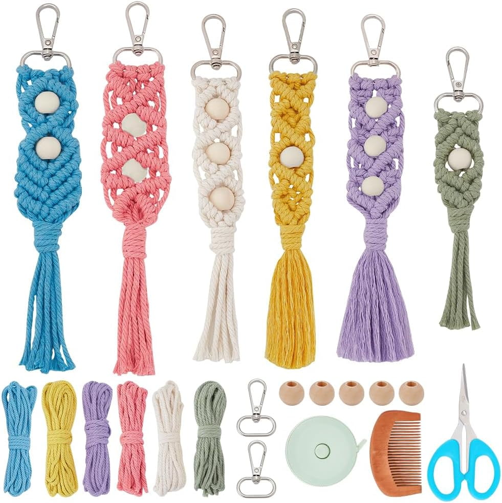 5 Set Boho Macrame Keychains for Adult Beginners DIY Macrame Wooden ...
