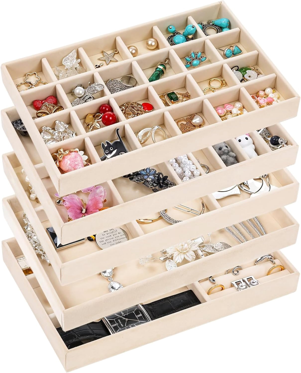 5 Set of Jewelry Organizer for Drawer, Stackable Velvet Jewelry Trays ...