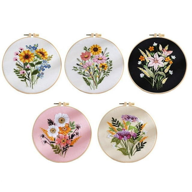 5 Sets Embroidery Kit for Beginners Adults , Includes Stamped Flower ...