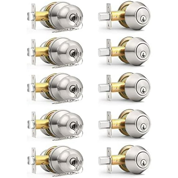 5 Sets-Keyed Alike Entry Door Knob with Single Cylinder Deadbolts ...