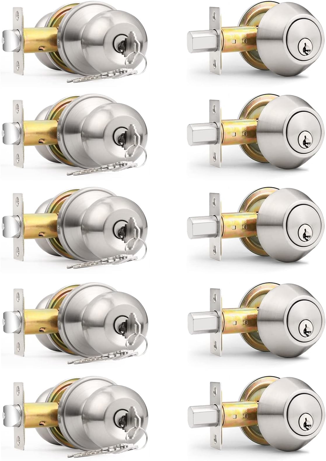5 Sets-Keyed Alike Entry Door Knob with Single Cylinder Deadbolts ...