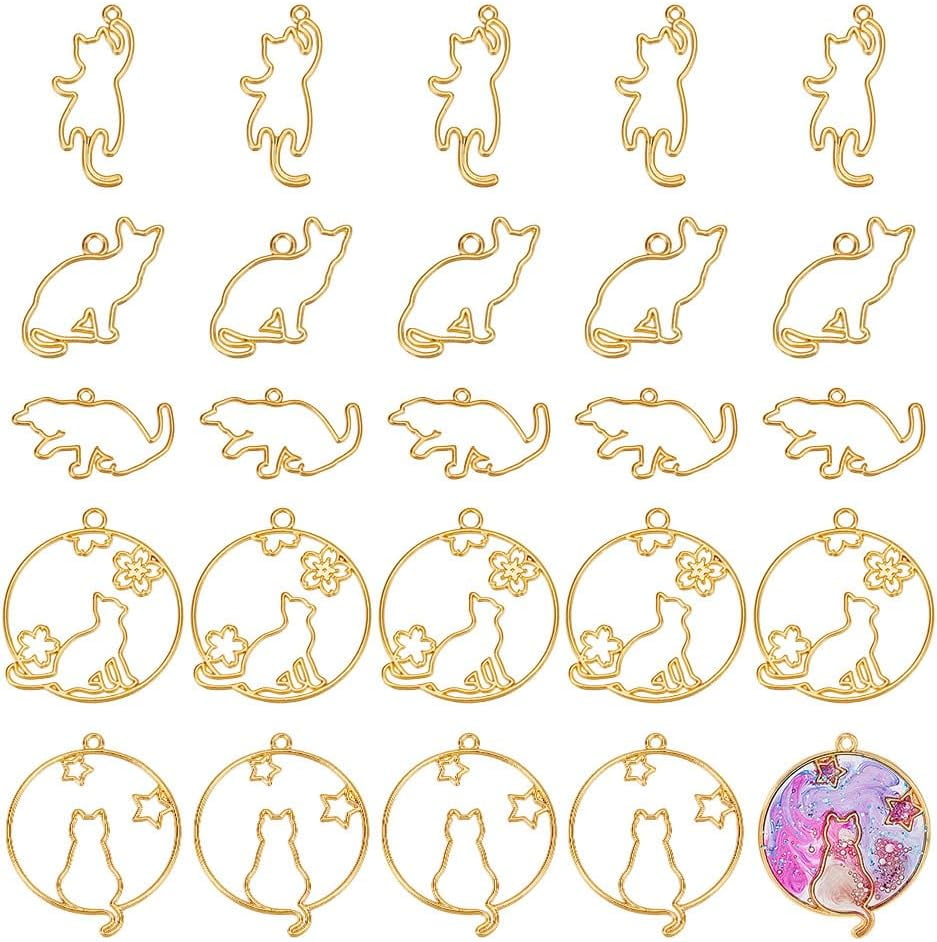 5 Sets Zinc Alloy Open Back Bezel Cat Theme Golden 23~40.5x36~40.5x2~2 ...