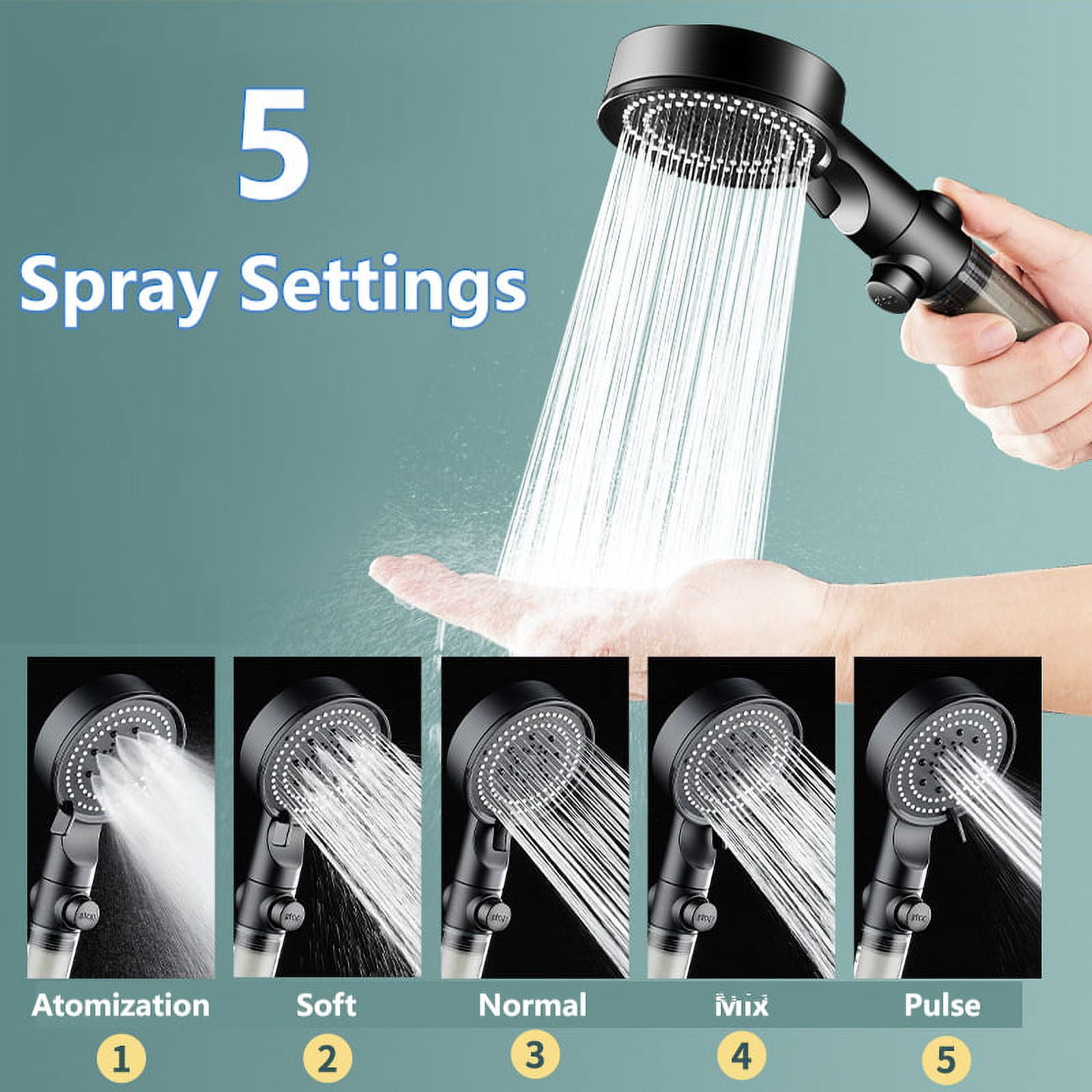 5 Settings High Pressure Shower Head with Filter Cotton and on/off Switch, Rain Shower Head with ...