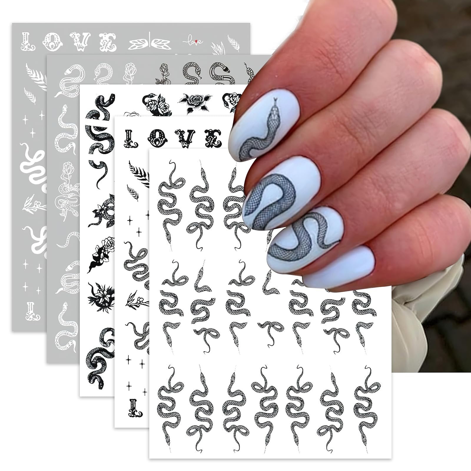 5 Sheets Black Snake Nail Decals - White Black Flower Big Snake Designs ...