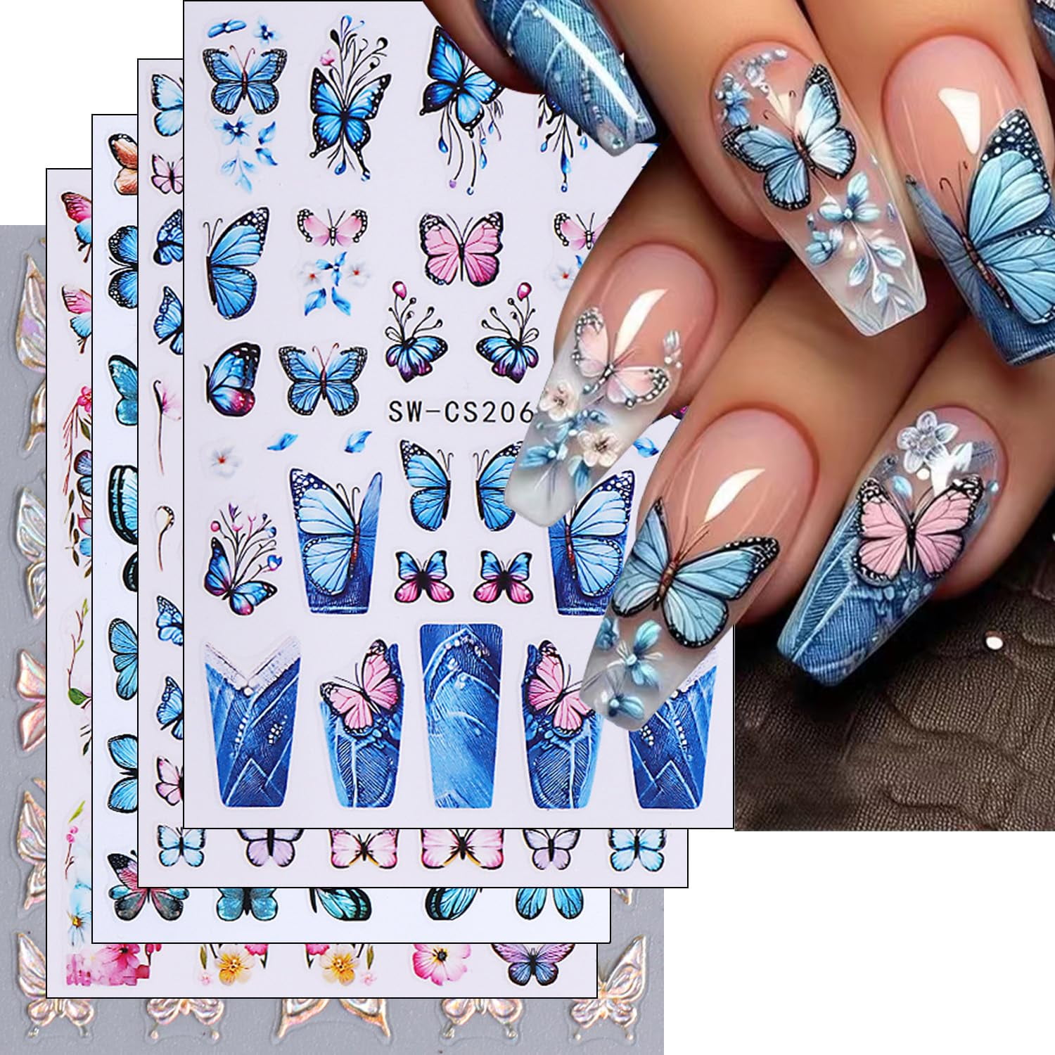 5 Sheets Butterfly Nail TMA2 Stickers for Nail Art 5D Embossed Self ...
