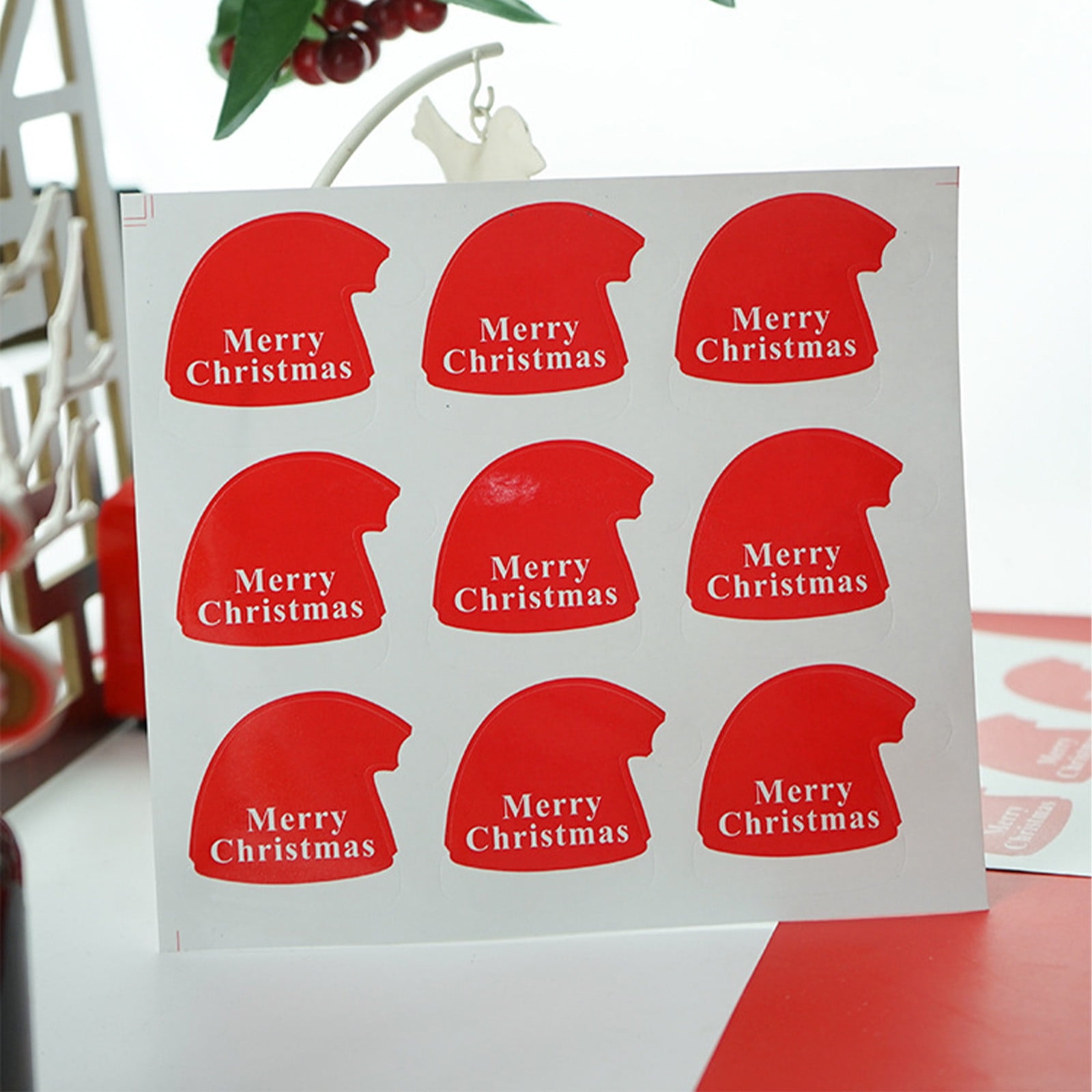 5 Sheets Christmas Paper Gift Tag Sticker Santa Hat Present Decal Red ...