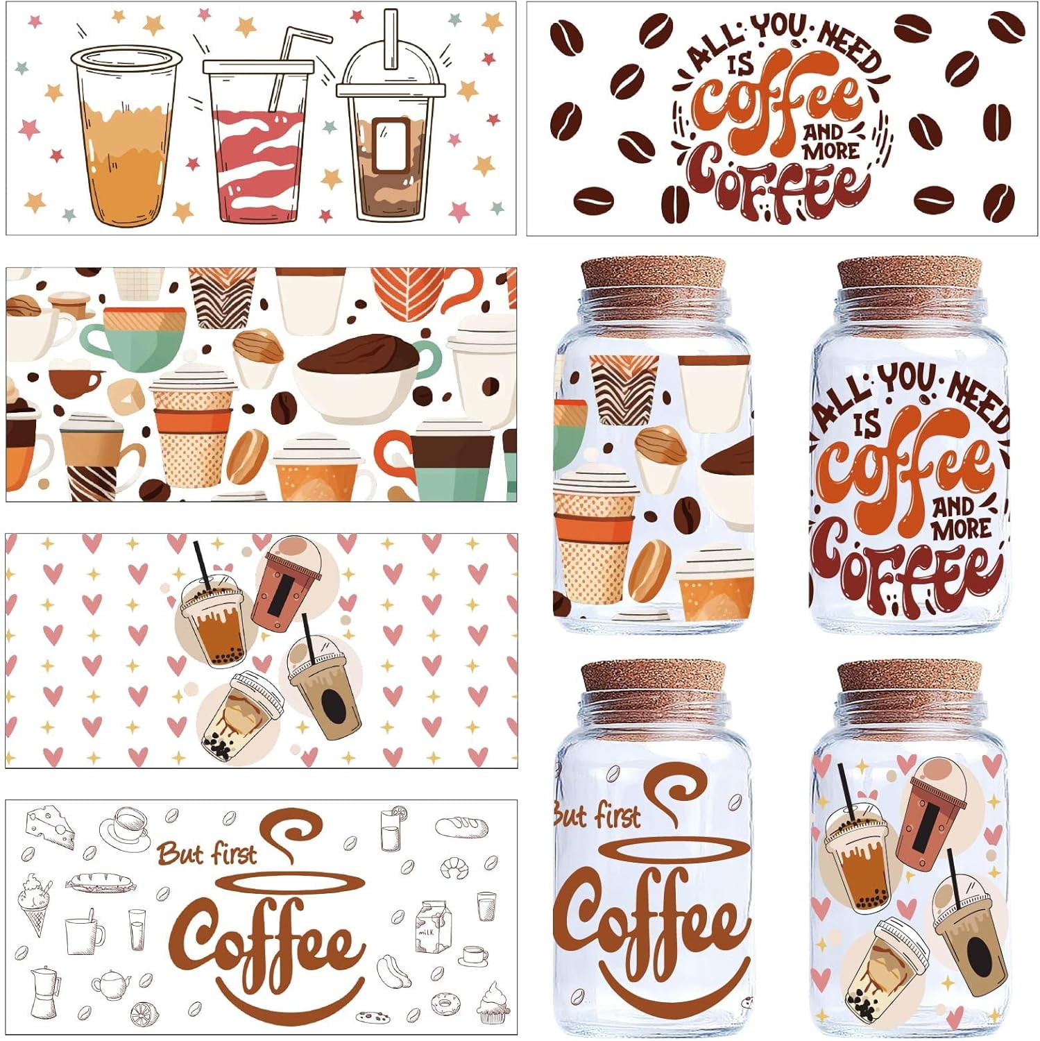 5 Sheets Coffee Transfer Stickers for Glass Cups Rub on Transfers Decal ...