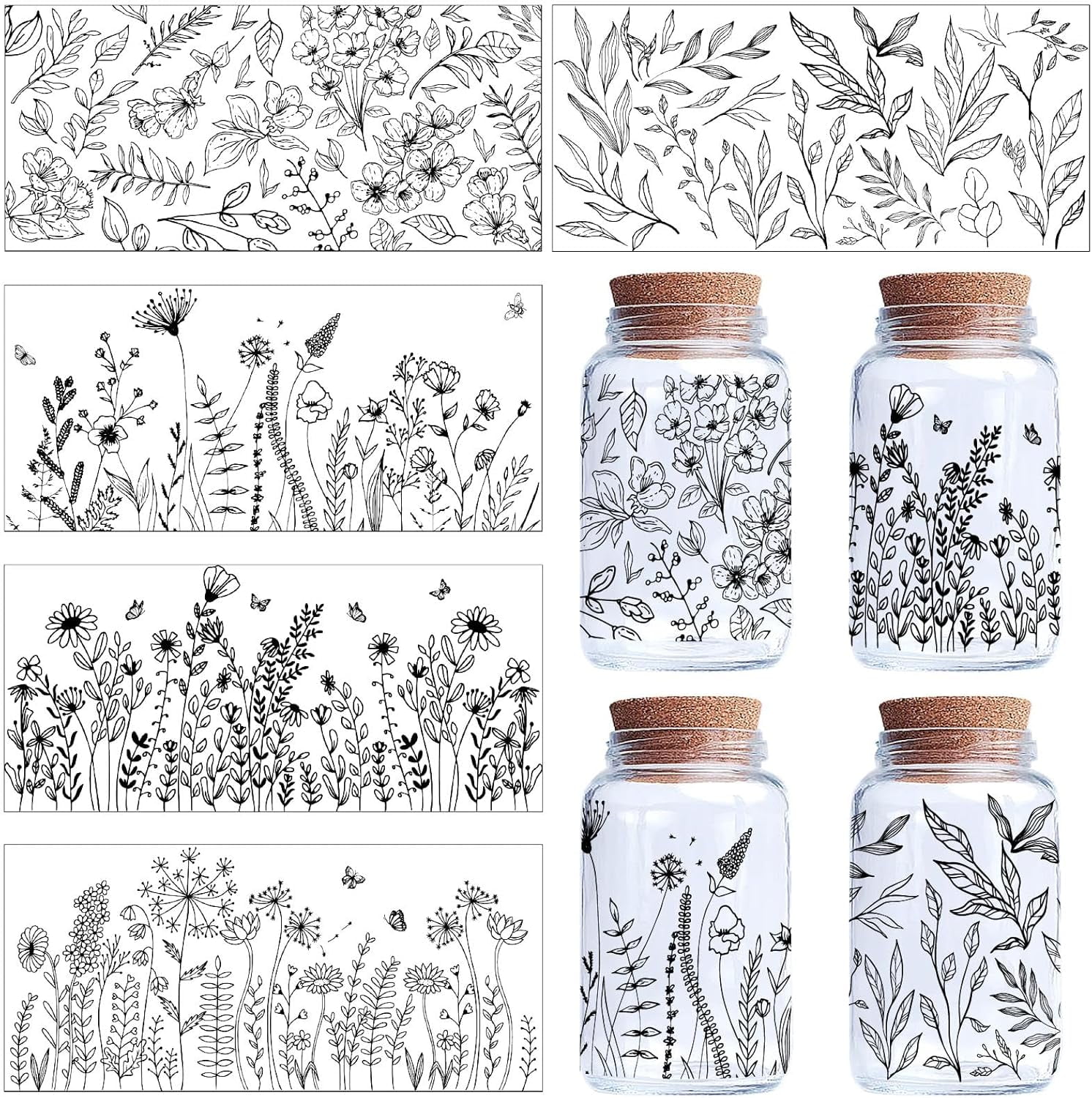 5 Sheets Flower Transfer Stickers for Glass Cups Rub on Transfers Decal ...