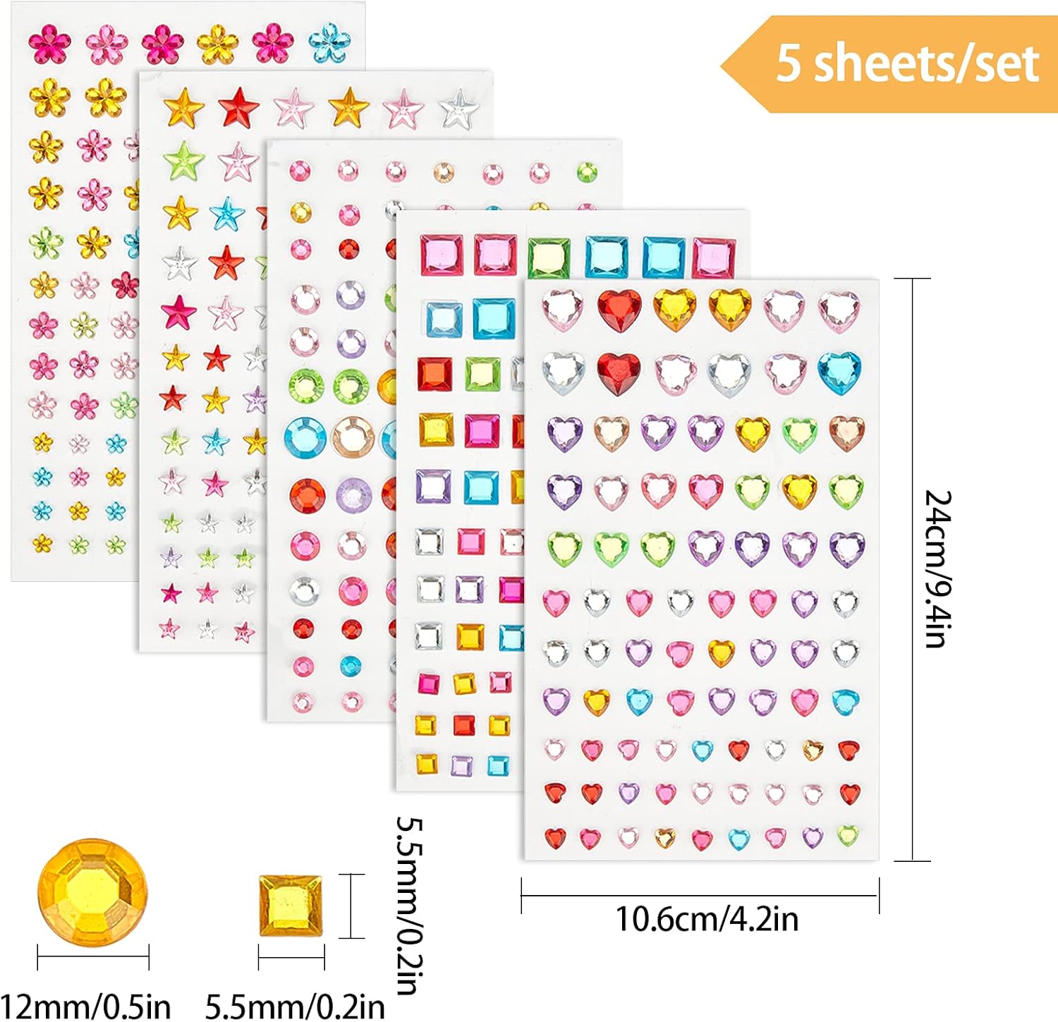 5 Sheets Self-Adhesive Rhinestone Stickers Assorted Shaped Gemstone ...