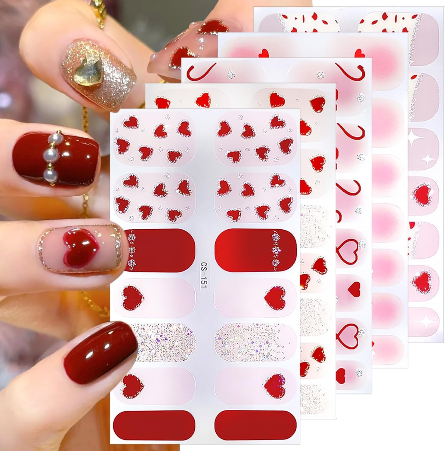 5 Sheets Valentines Day Gel Nail Stickers for Nail Art Pink Red Heart Gel Nail Polish Strips ...