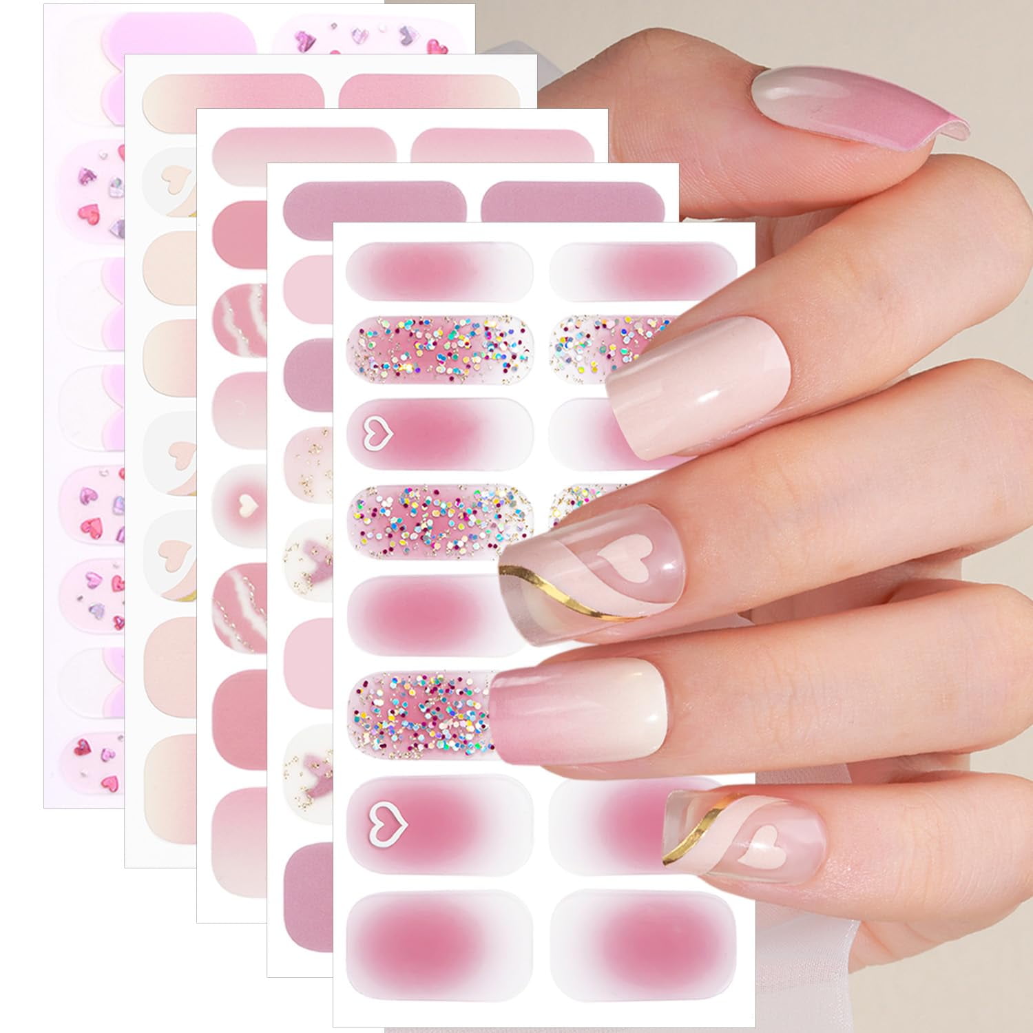 5 Sheets Valentines Day Gel Stickers for Art Red Heart Gel Polish Strips Love Glitter Design ...