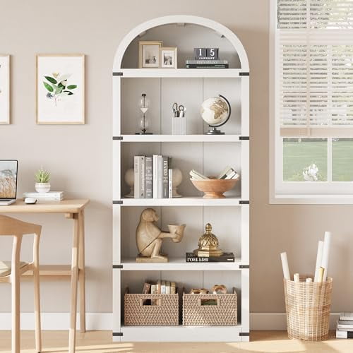 5 Shelf Arched Bookcase, Farmhouse Wooden Bookshelf with Metal Corner ...