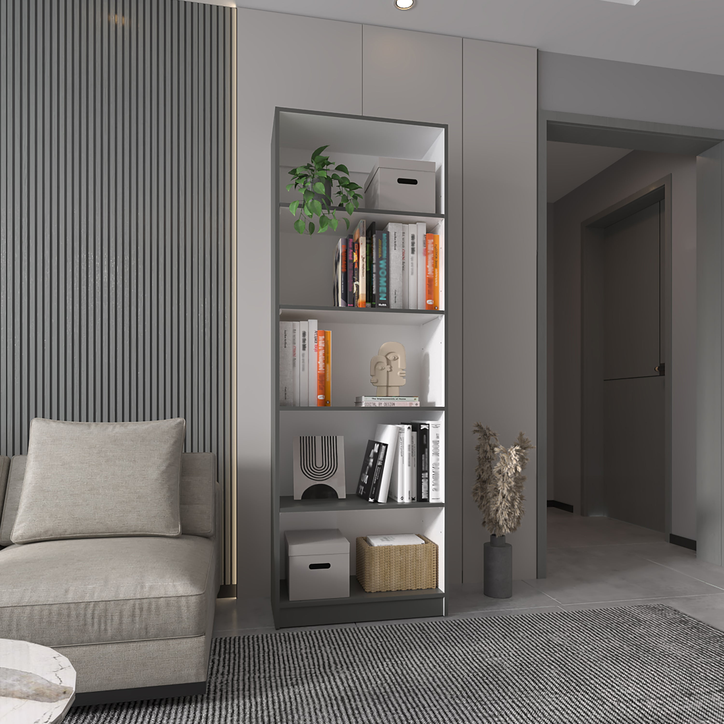 5-Shelf Bookcase, Matt Gray and White Modern Bookshelf with Open ...
