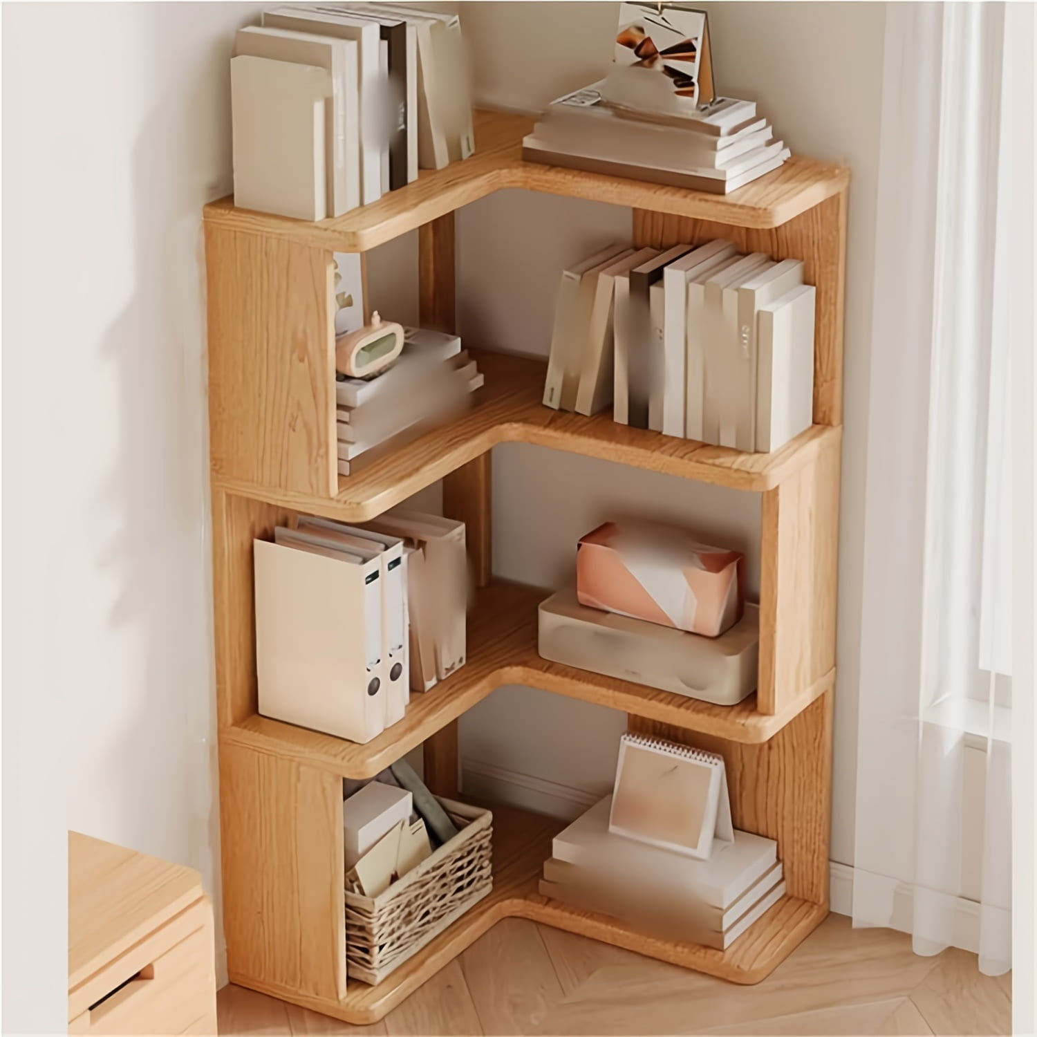 5-Shelf Corner Bookshelf, L-Shaped Solid Wood Floor Stand for Living ...