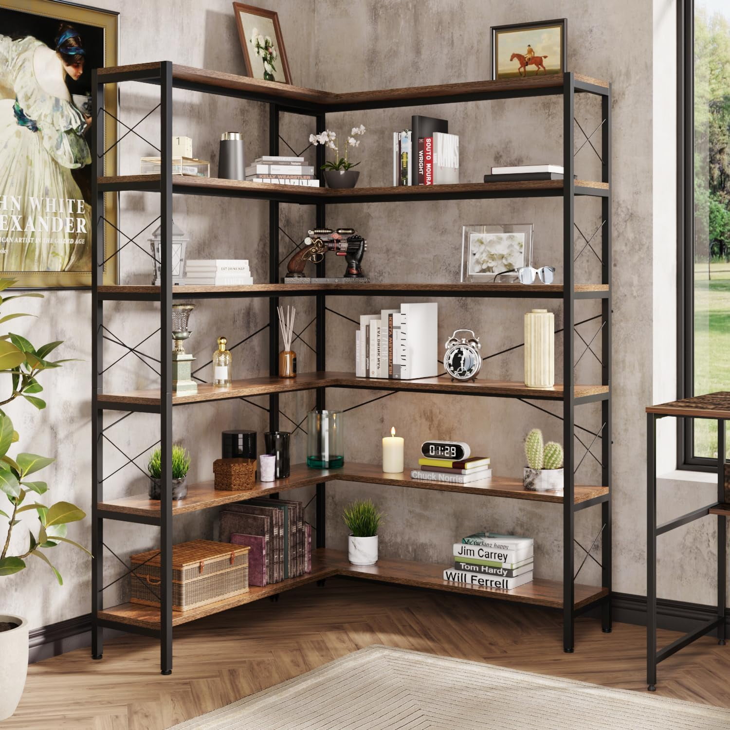 5-Shelf Corner Bookshelf, Vintage Industrial L-Shaped Bookshelf Etagere ...