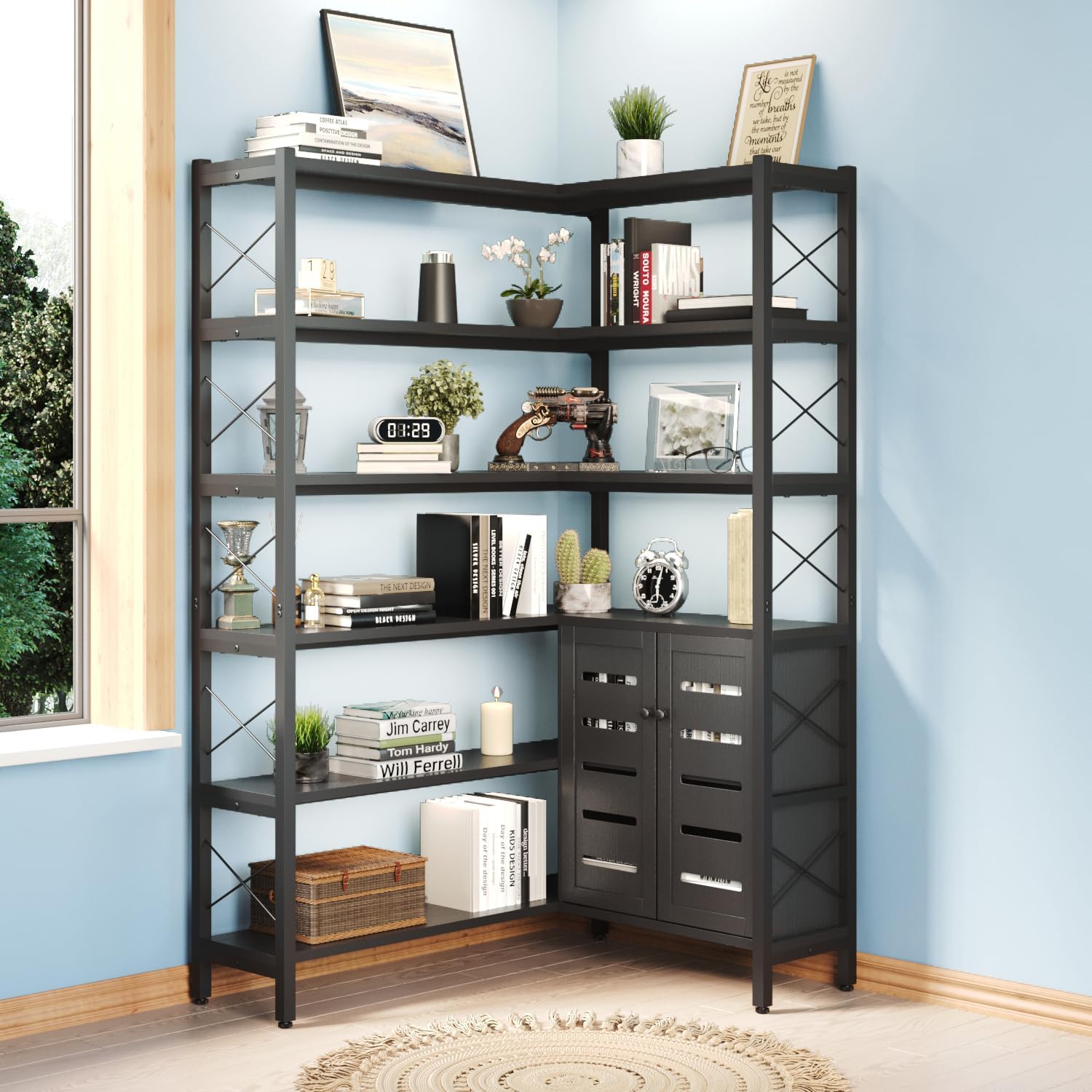 5-Shelf Corner Bookshelf, Vintage Industrial L-Shaped Bookshelf Etagere ...