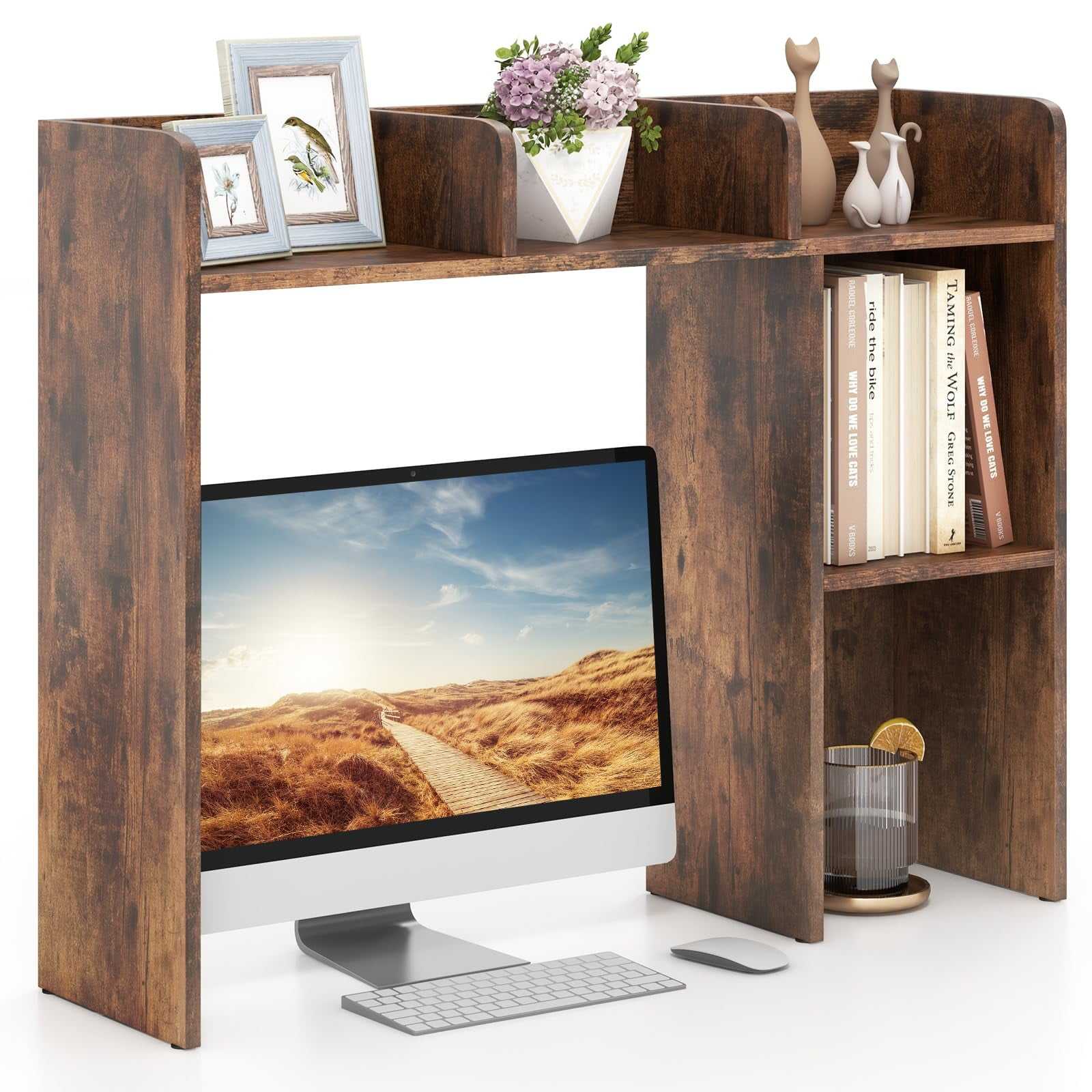 5-Shelf Desktop Organizer for 27 Inch Monitor, Wooden Bookshelf with ...