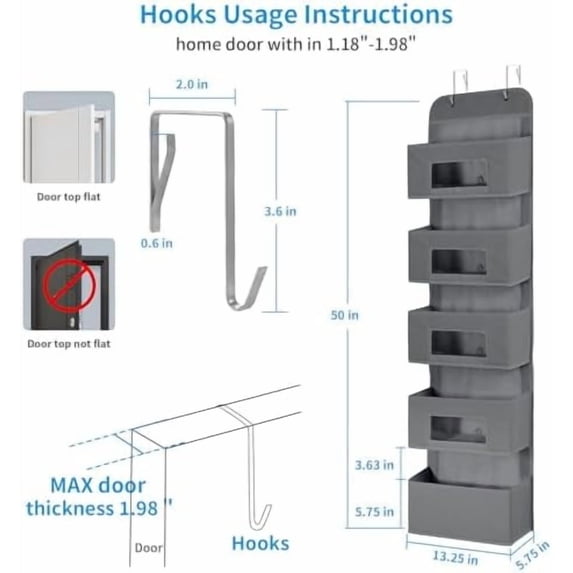 5-Shelf Over The Door Hanging Organizer with 2 Metal Hooks，5 Pocket ...