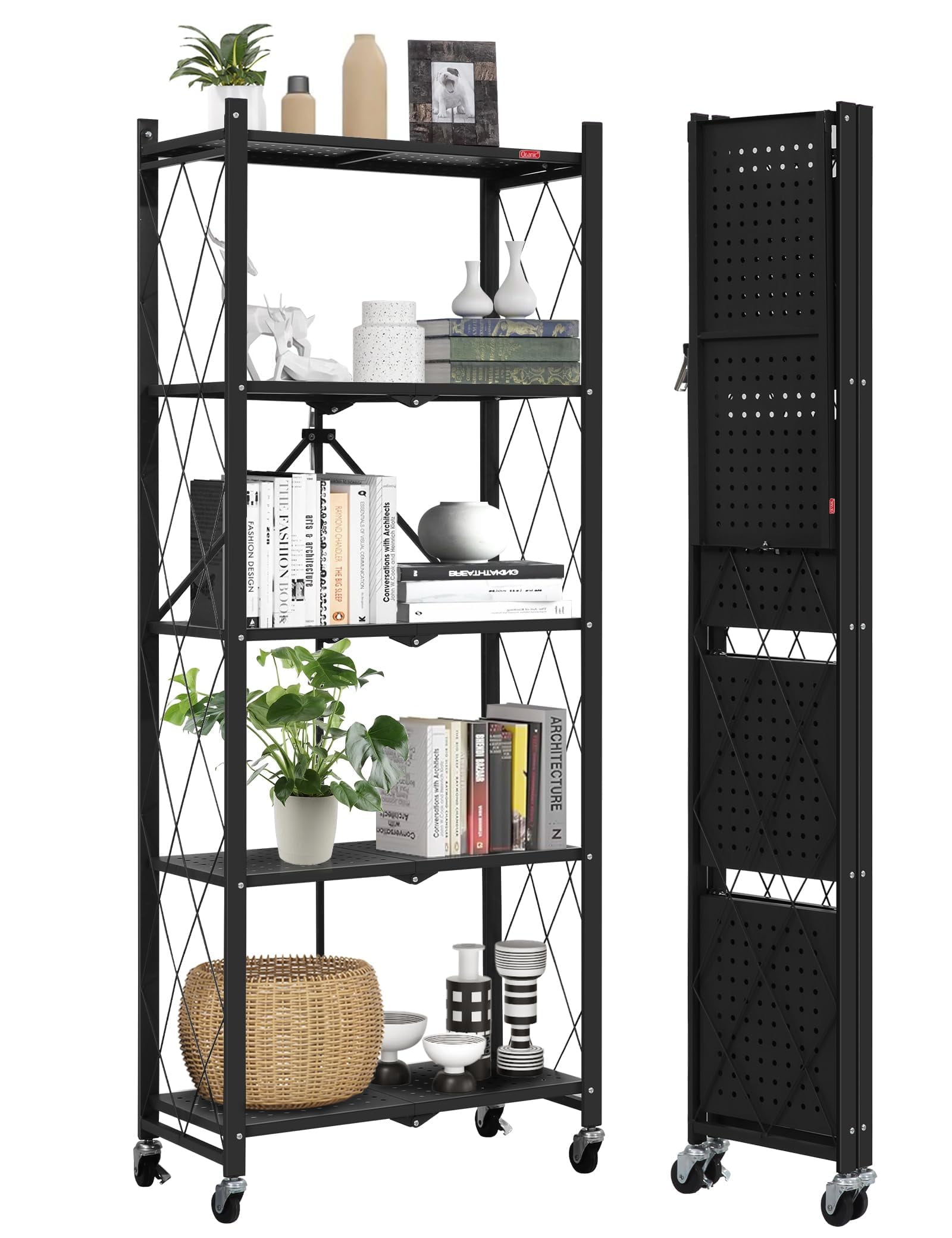 5-Shelf Folding Bookcase with Wheels, Rolling Bookshelf Heavy Duty ...