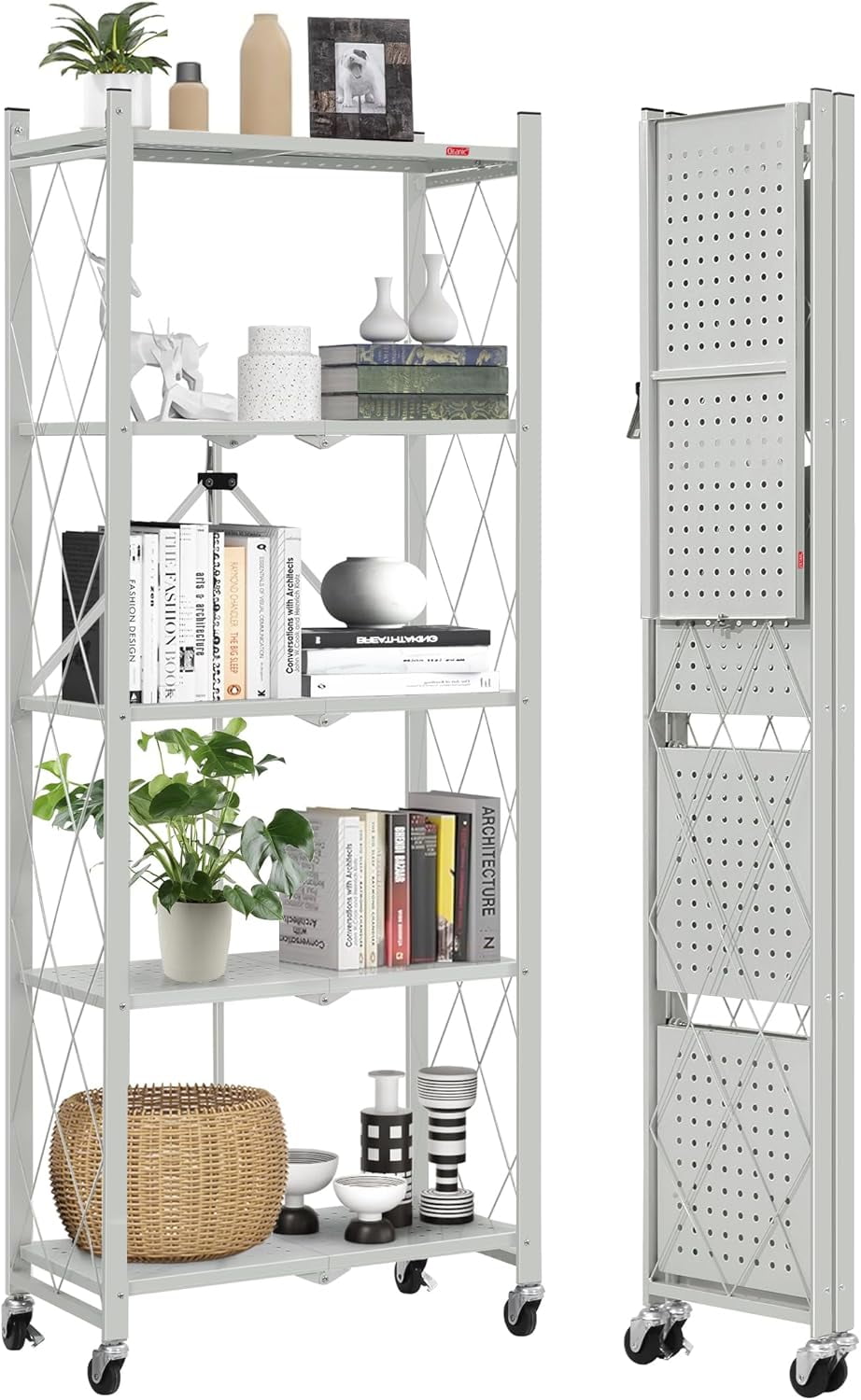 5-Shelf Folding Bookcase with Wheels, Rolling Bookshelf Heavy Duty ...