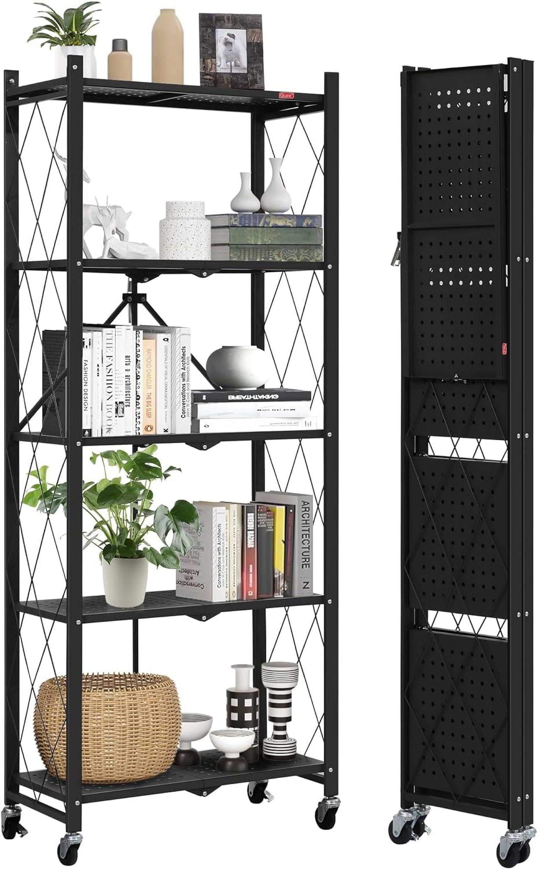5-Shelf Folding Bookcase with Wheels, Rolling Bookshelf Heavy Duty ...