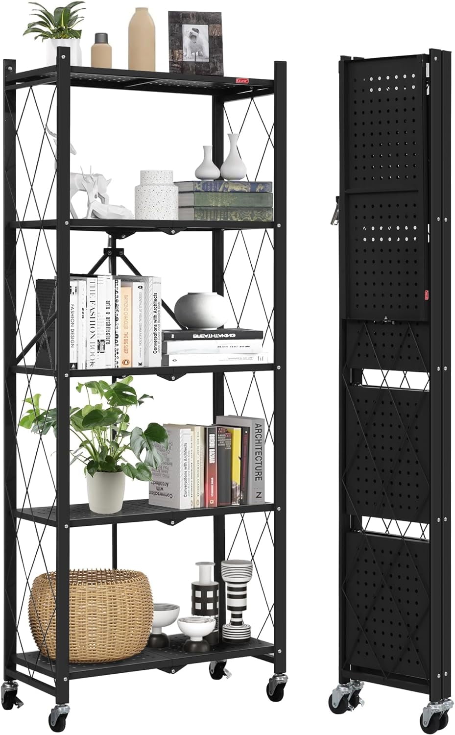 5-Shelf Folding Shelves Bookcase with Wheels, Heavy Duty Storage ...