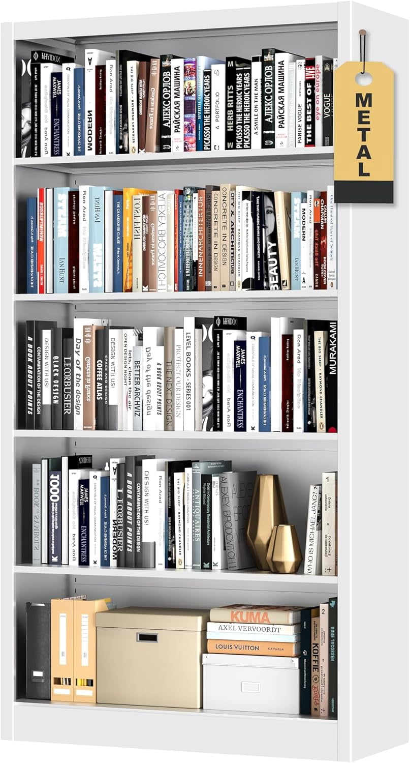 5-Shelf Heavy Duty Metal Bookcase, Adjustable Bookshelf with Large ...