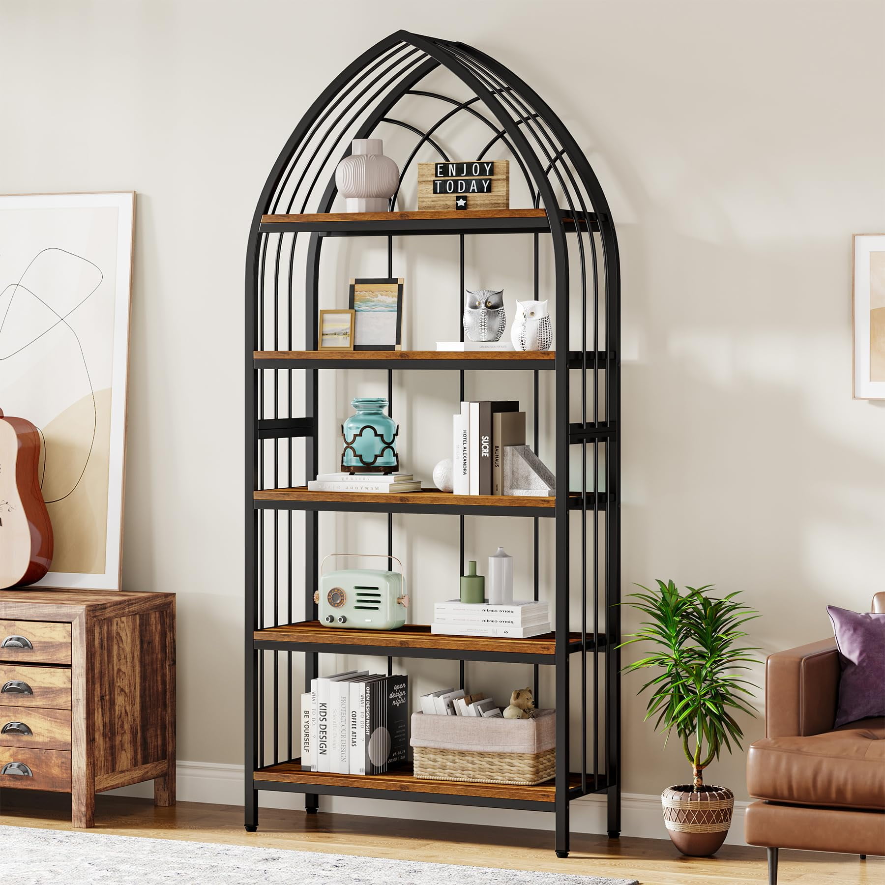 5 Shelf Industrial Bookshelf, 74.8 Inch Tall Curved Wood Storage Unit ...