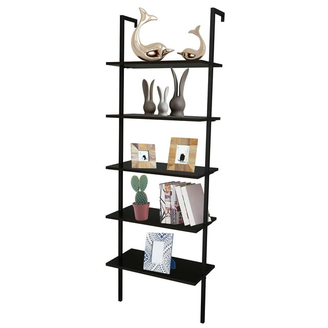 5-Shelf Ladder Bookcase with Metal Frame, Industrial 5-Tier Modern Wood ...