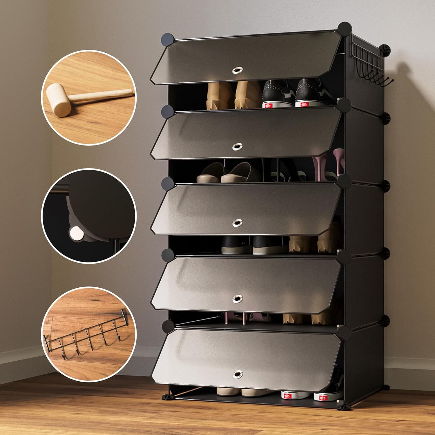 5 Shelf Shoe Rack Box Organizer with Door Magnets & 5 Hook Steel Holder ...