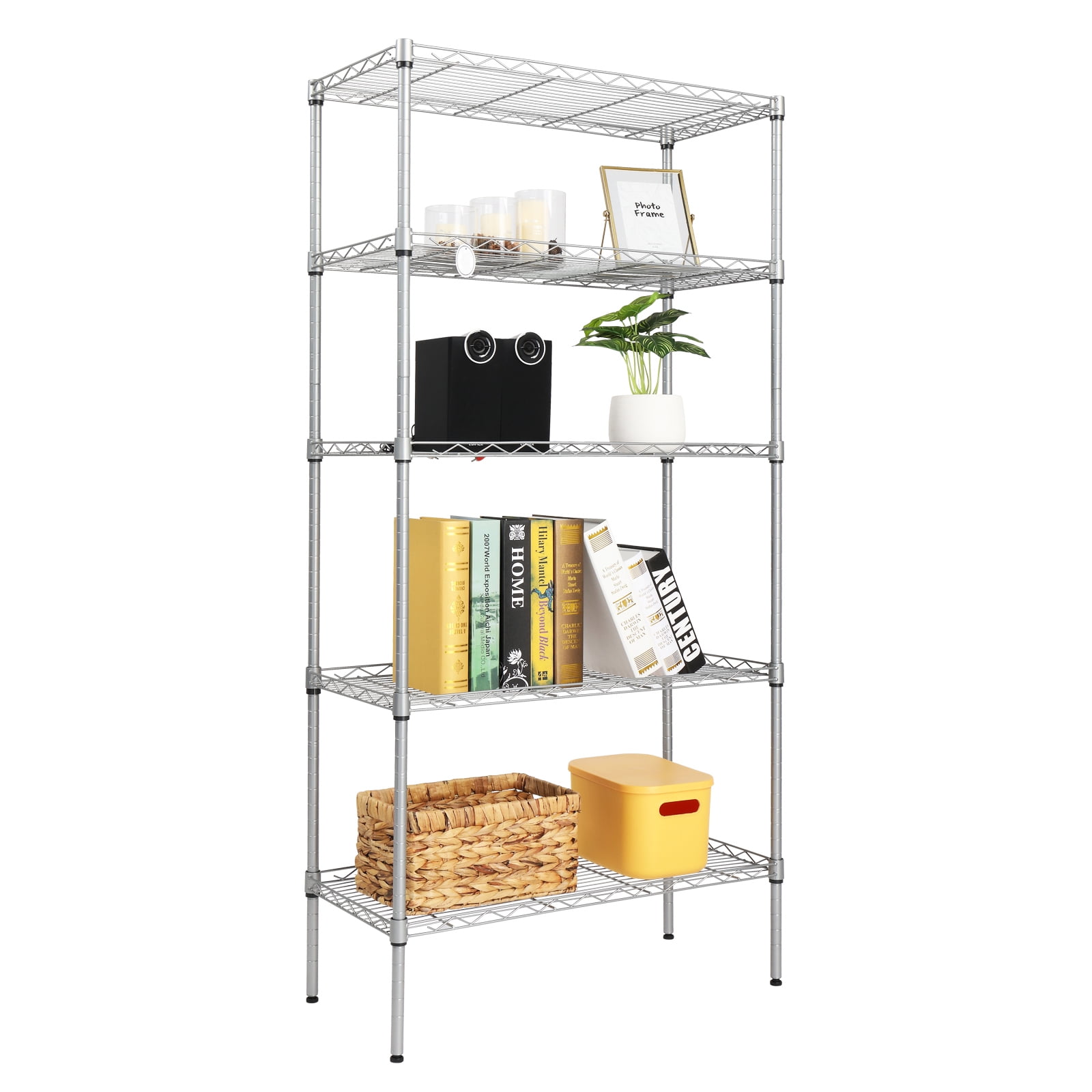 5 Shelf Storage Rack Rectangle Carbon Steel Metal Assembly, Silver Gray ...