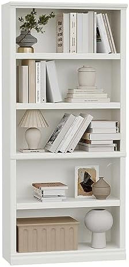 5-Shelf Tall Bookcase White Wooden Bookshelves 33in Wide 5 Tier ...