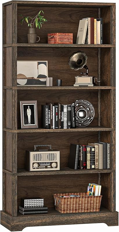5-Shelf Wood Bookcase, 65 Inch Tall Bookshelf with Storage, Floor ...
