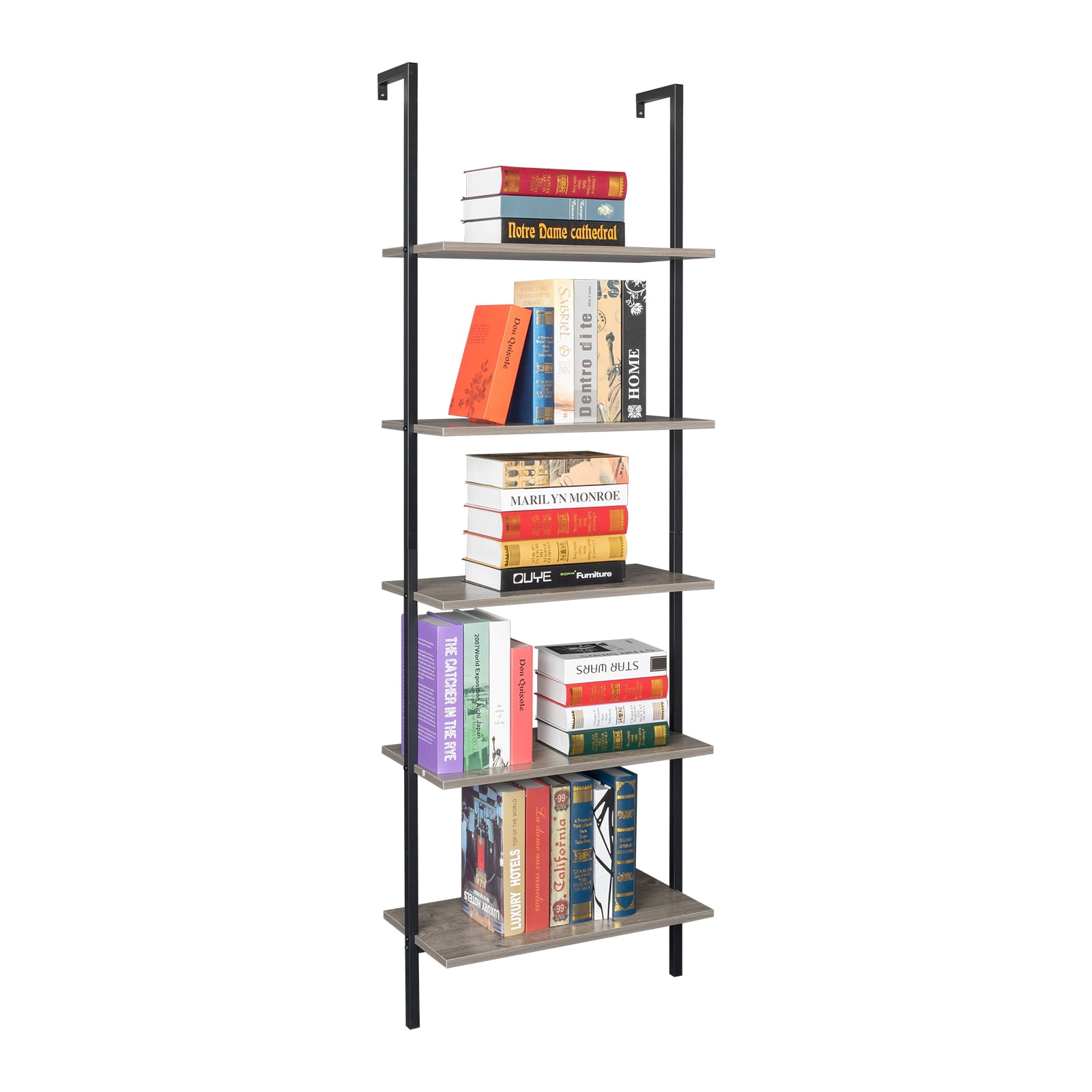5-Shelf Wood Ladder Bookcase with Metal Frame, Industrial 5-Tier Modern Ladder Shelf Wood ...