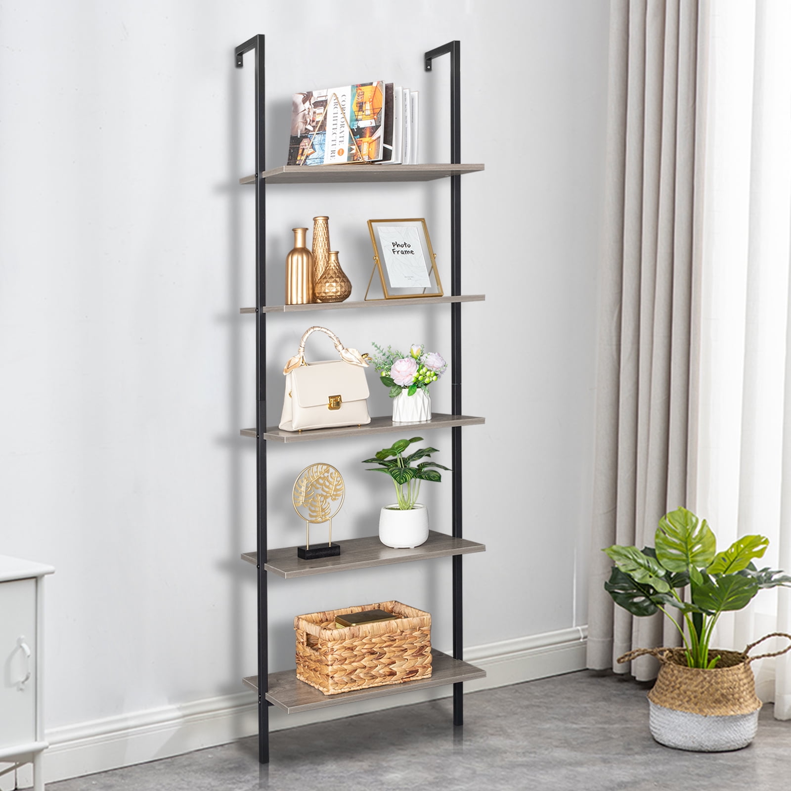 5-Shelf Wood Ladder Bookcase with Metal Frame, Industrial 5-Tier Modern ...