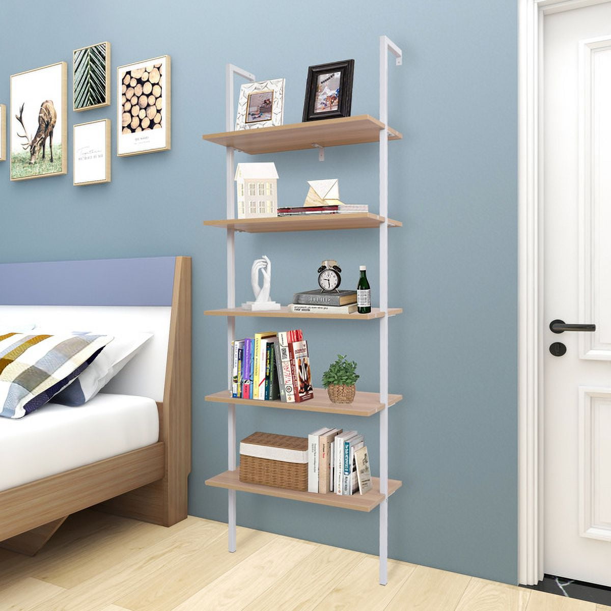 5-Shelf Wood Ladder Bookcase with Metal Frame, Industrial 5-Tier Modern ...