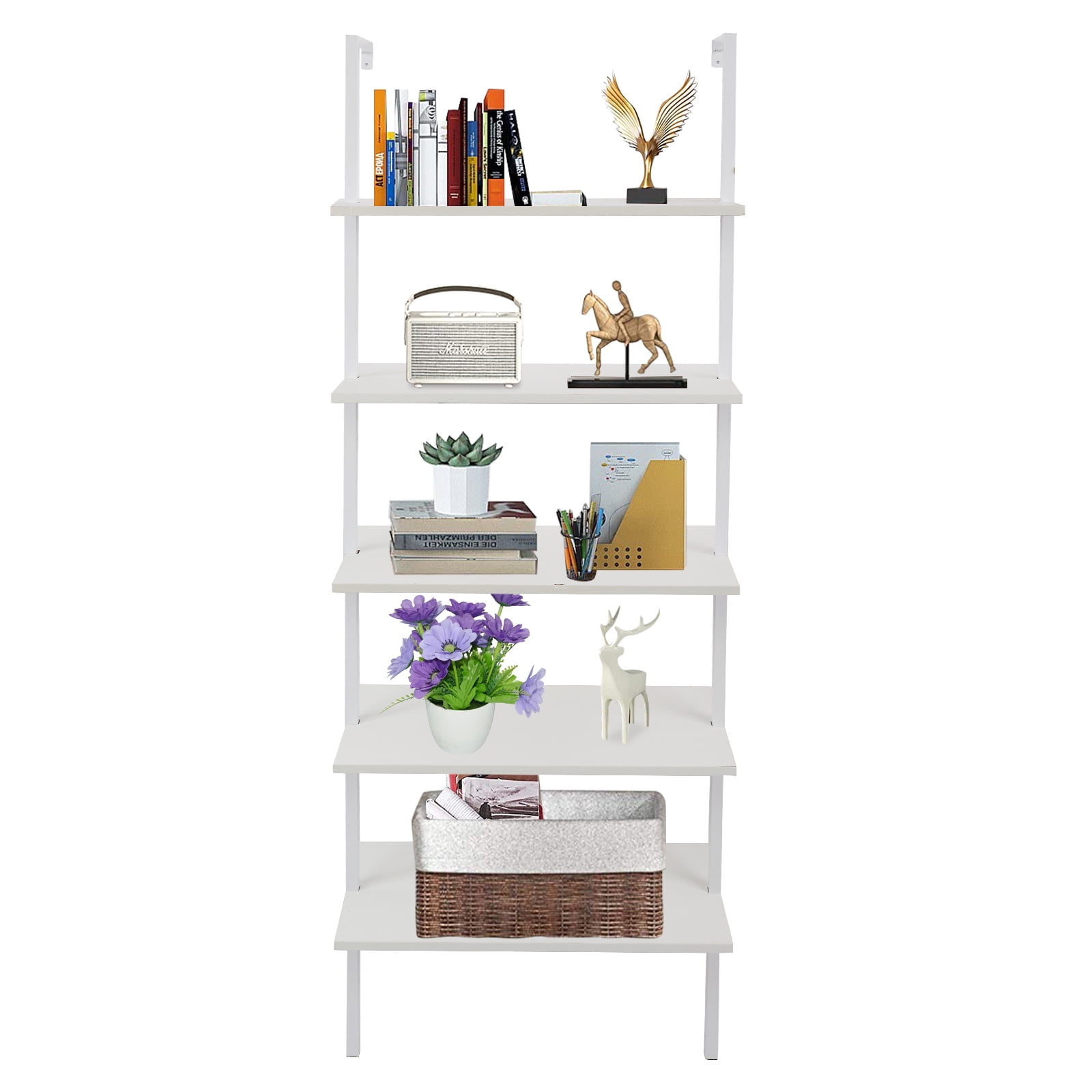 5-Shelf Wood Ladder Bookcase with Metal Frame, Industrial 5-Tier Modern ...