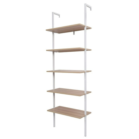 5-Shelf Wood Ladder Bookcase with Metal Frame Industrial 5-Tier Modern ...