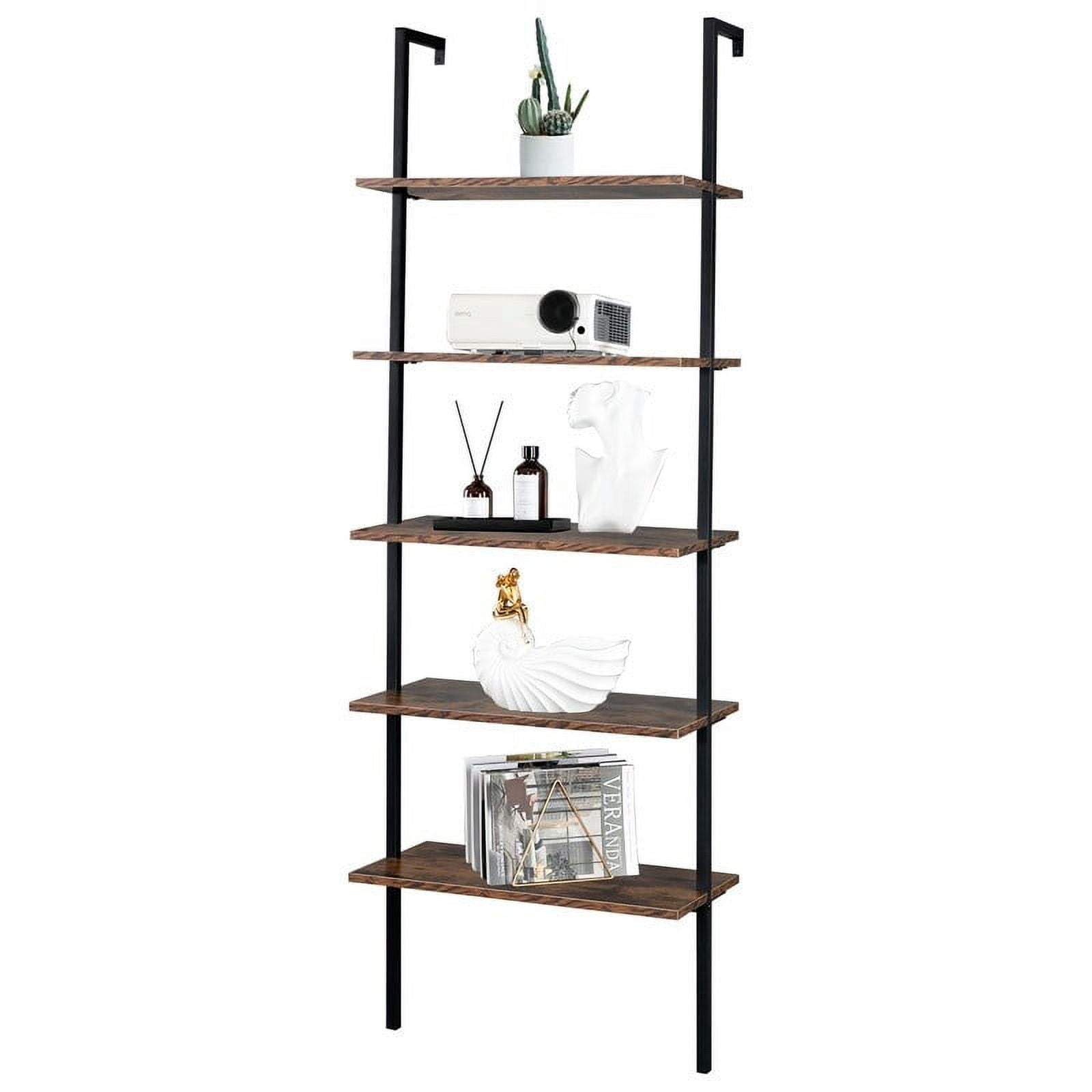 5-Shelf Wood Ladder Bookcase with Metal Frame Wall Mount Book Shelf ...